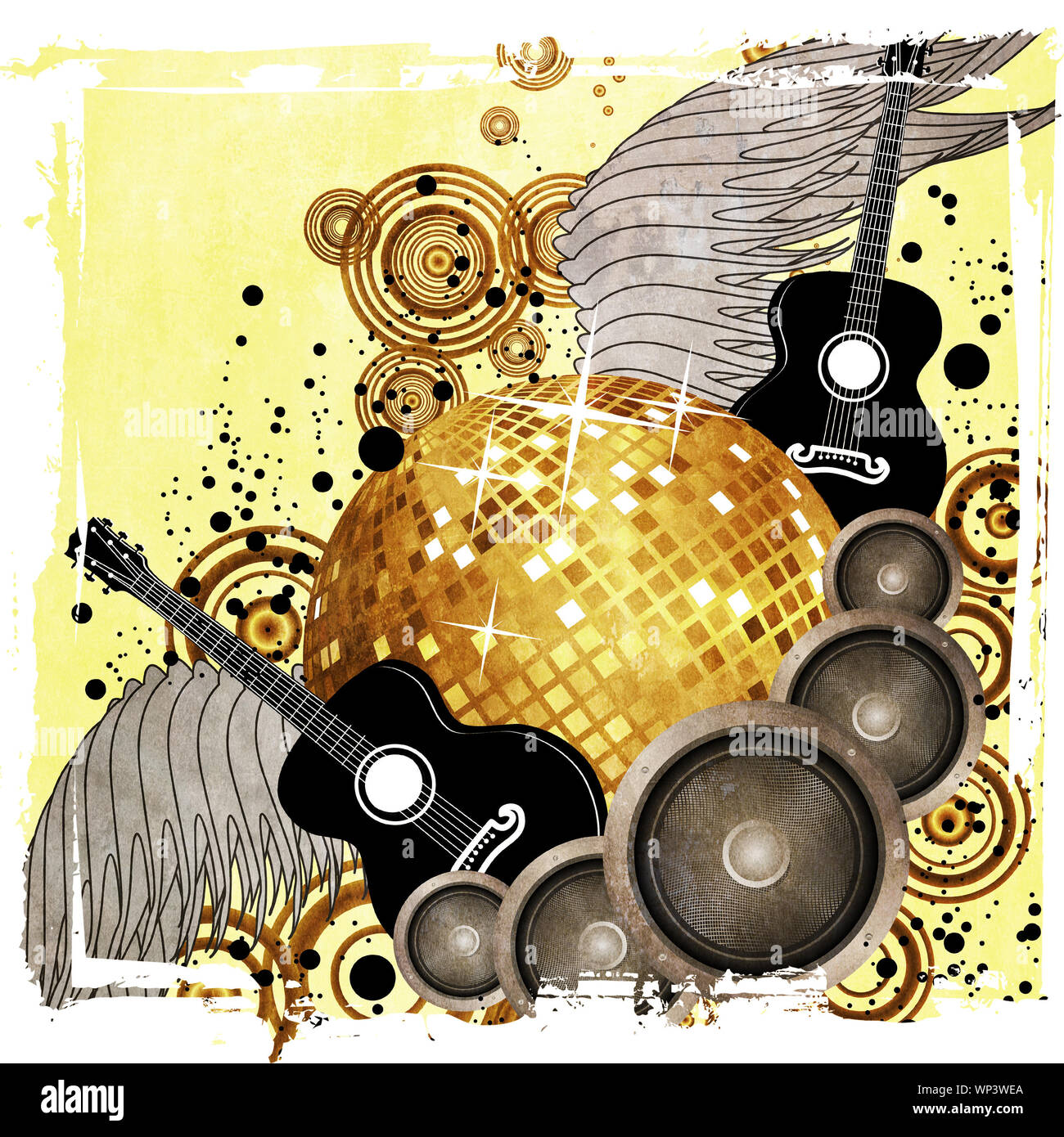 Grunge yellow music background with golden disco ball, speaker and ...