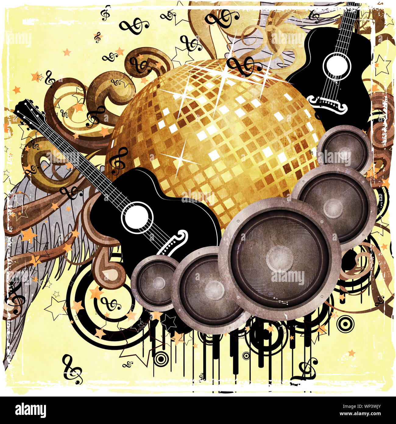 Grunge yellow music background with golden disco ball, speaker and ...