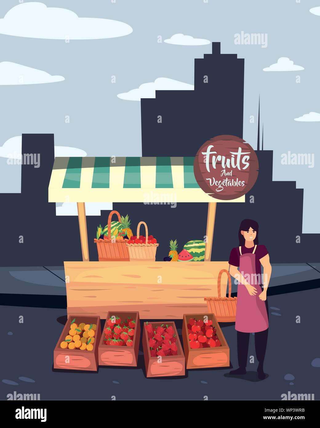 vendor fruits and vegetables booth street market commerce flat design ...