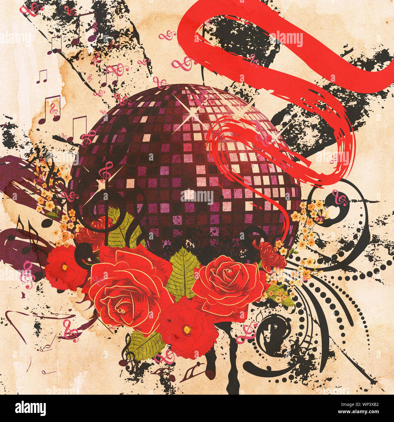 Grunge music design with purple disco ball and floral, textured ...