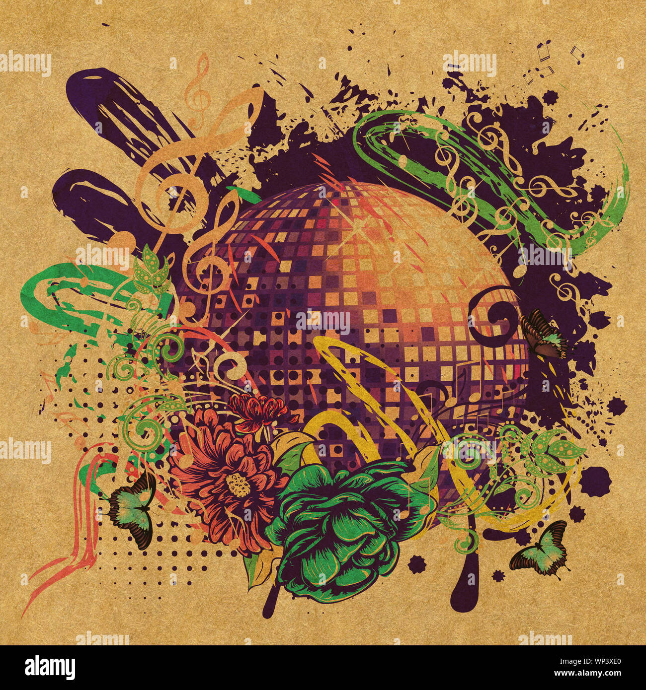 Grunge music design with purple disco ball and floral, textured ...