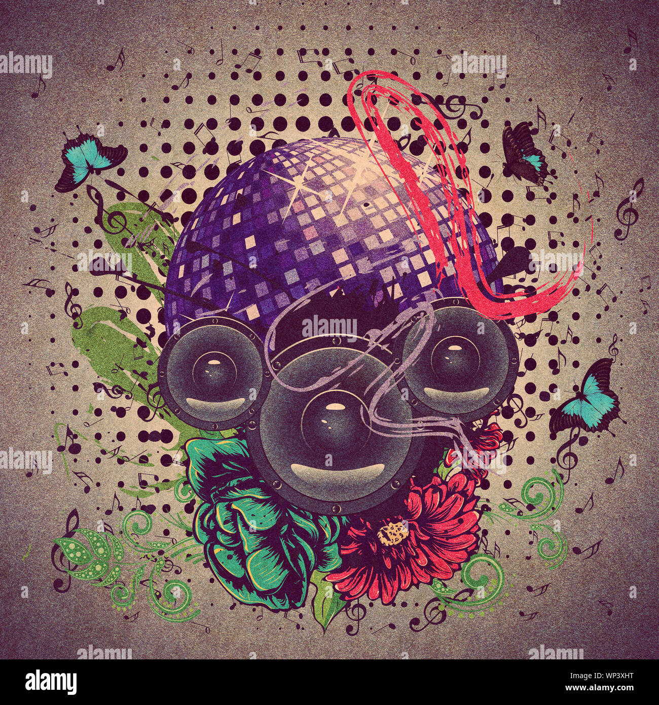 Grunge music design with purple disco ball and floral, textured ...