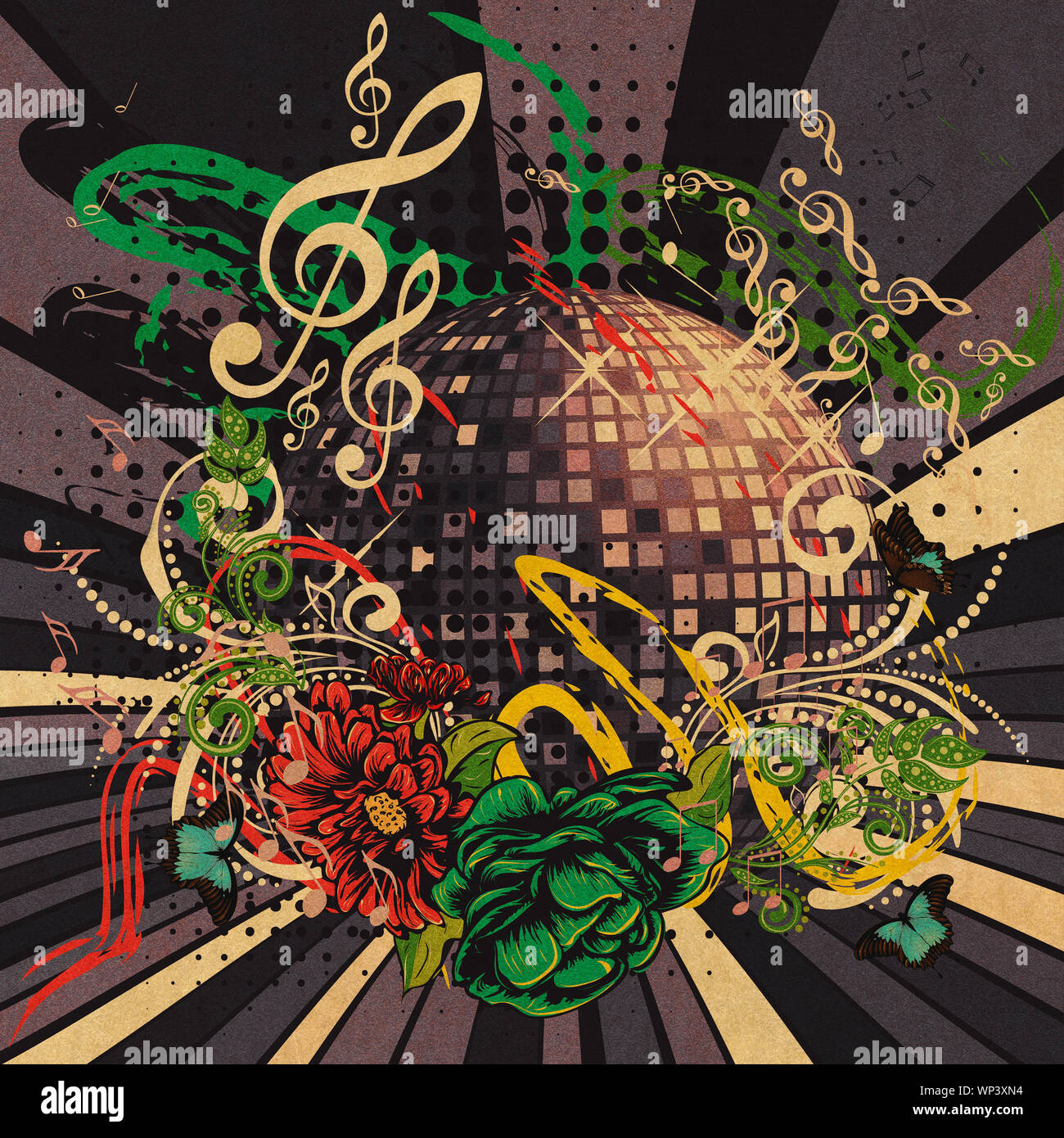 Grunge music design with purple disco ball and floral, textured ...