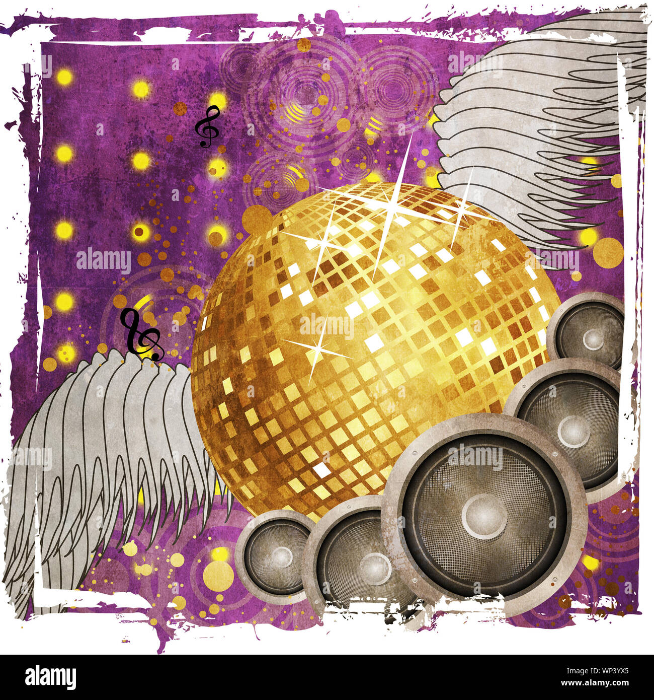 Grunge music background with sparkling golden disco ball with wings ...