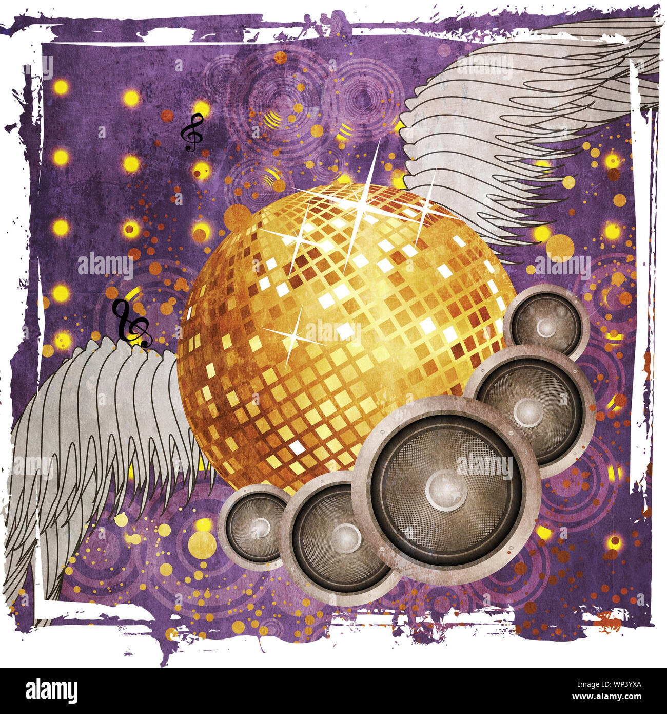 Grunge music background with sparkling golden disco ball with wings ...