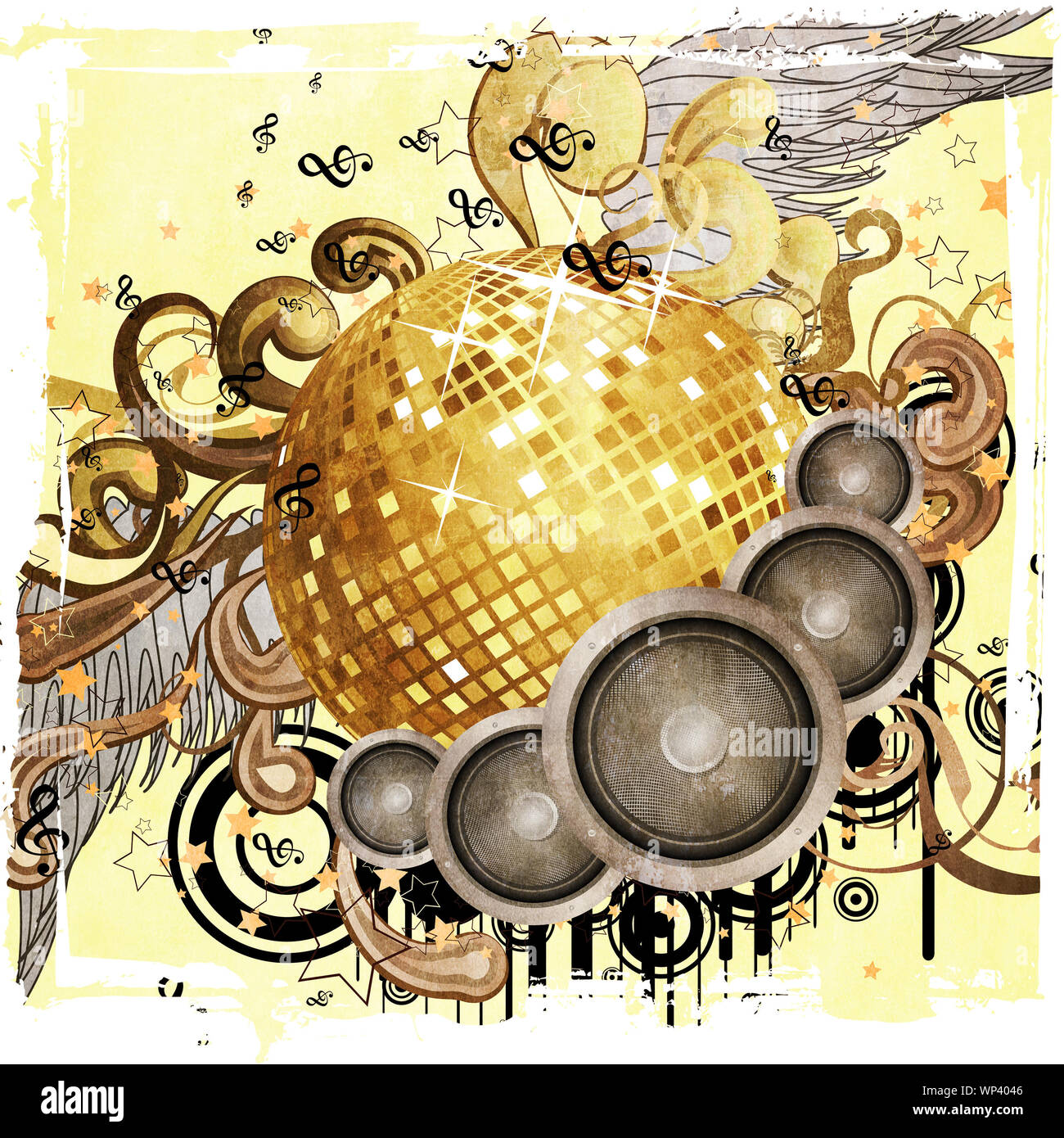 Grunge music background with sparkling golden disco ball with wings ...