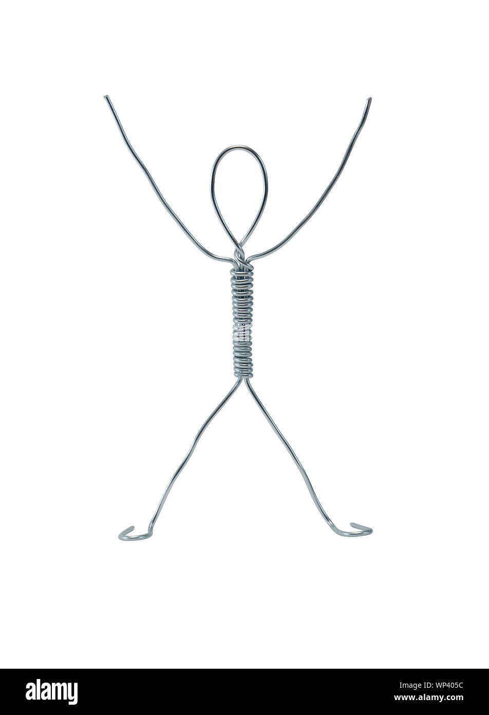 Man made from aluminum wire standing with his hands up Stock Photo - Alamy