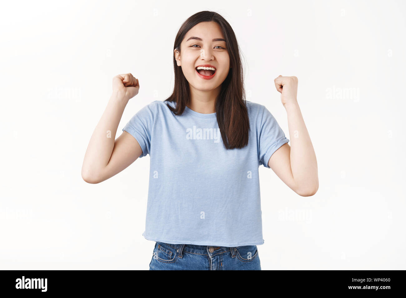 Yeah go win. Cheerful optimistic supportive cute asian girl encourage ...