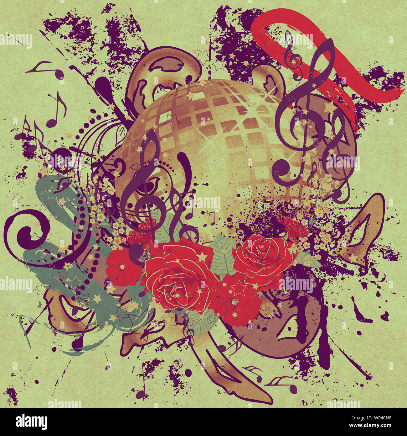 Grunge music design with golden disco ball and floral textured Stock ...