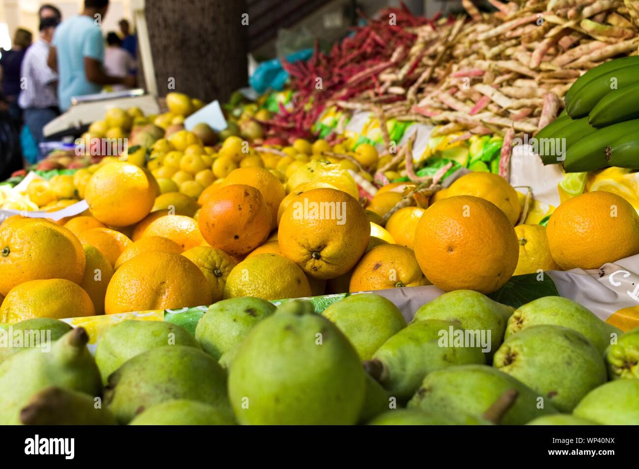 Green limes and oranges stacked in a fruit market (Funchal, Madeira ...