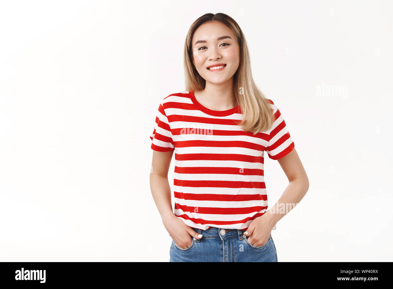 Girl happy summer finally here. Attractive cheerful blond asian girl smiling satisfied relaxed ...