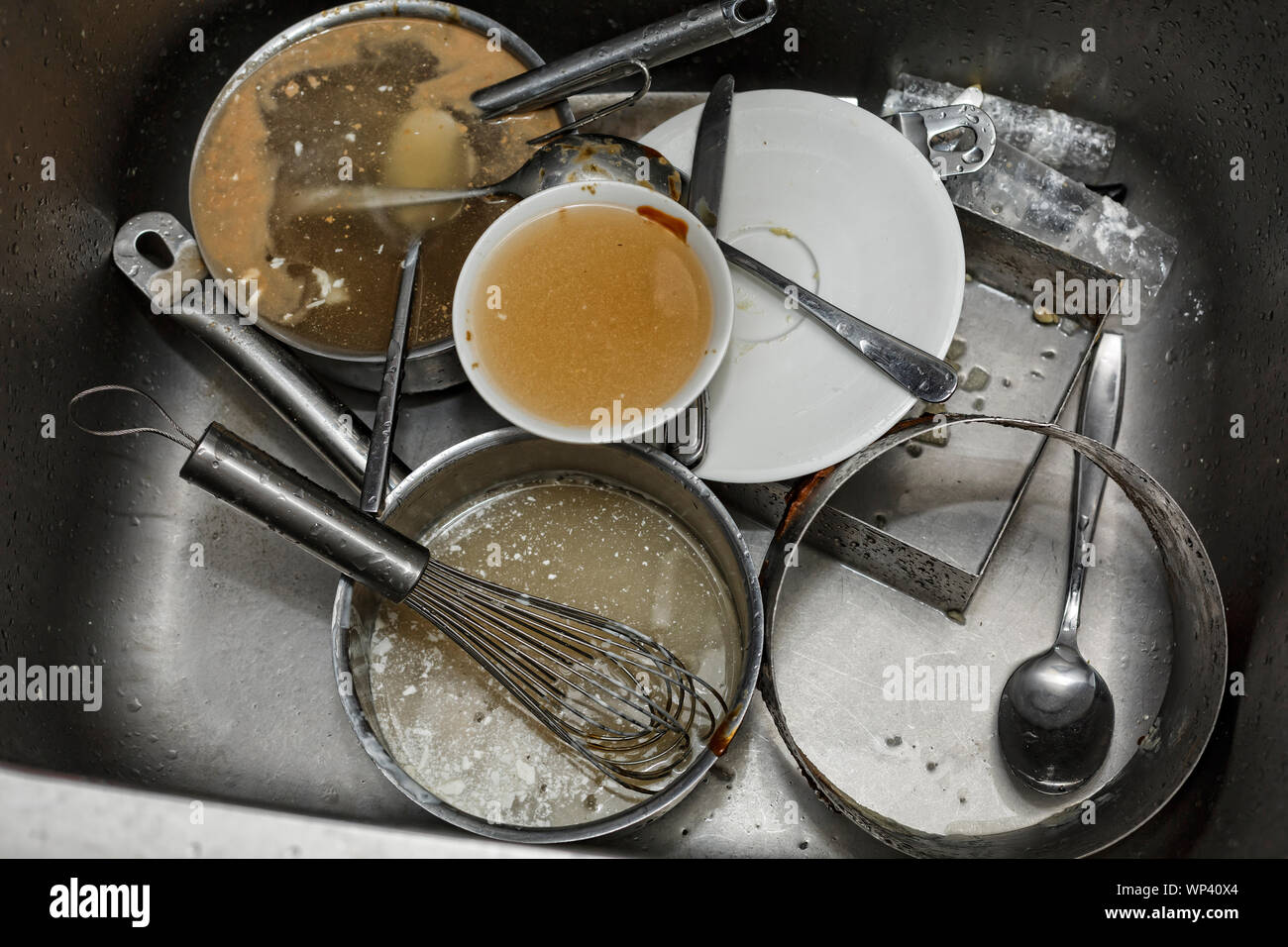 messy pile, big, restaurant, stack, before and after, kitchen, counter ...