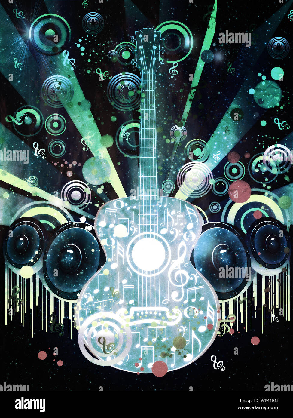 Decorative grunge funky music poster with guitar and sound speakers ...