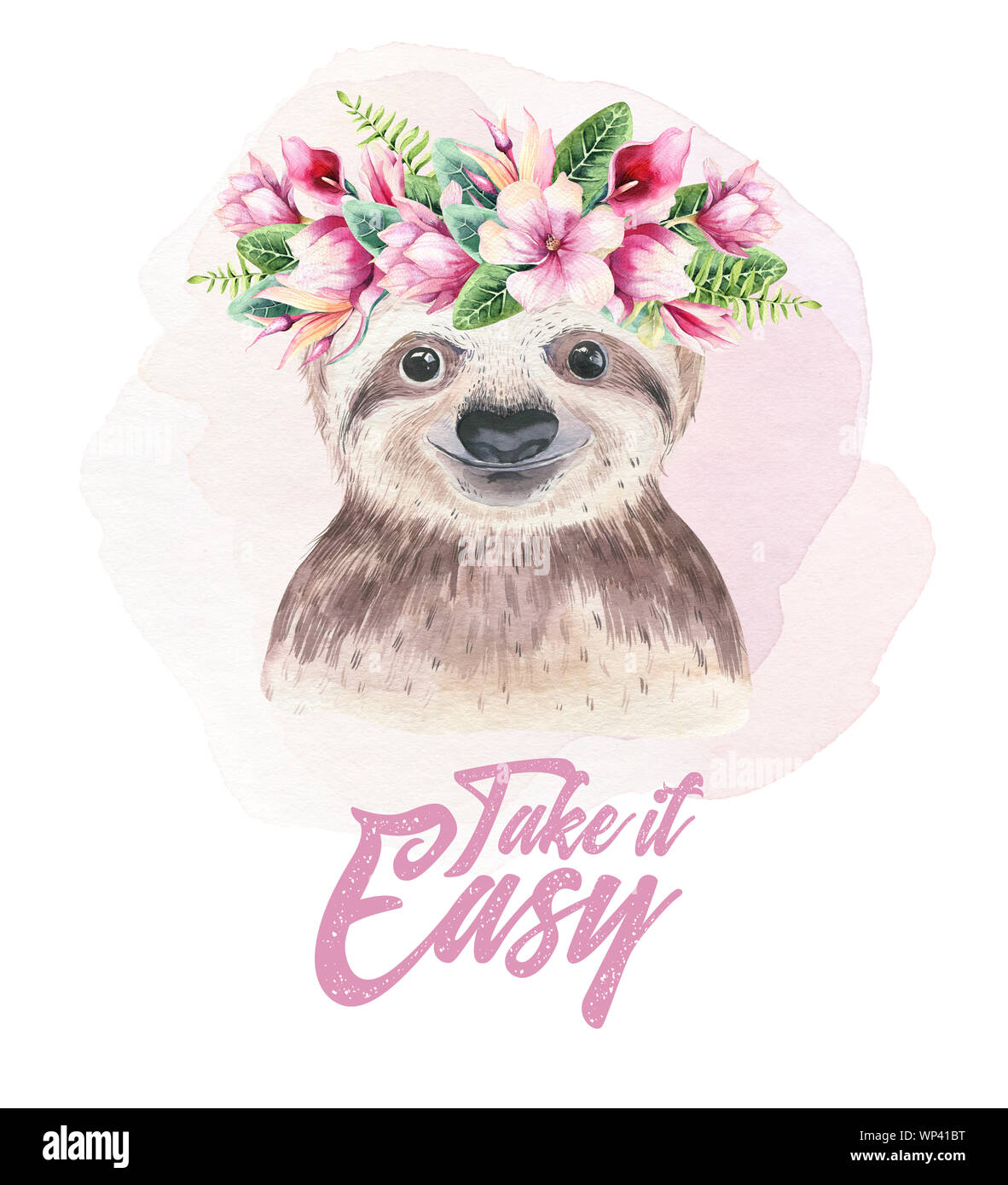 A poster with a baby sloth. Watercolor cartoon sloth tropical animal ...