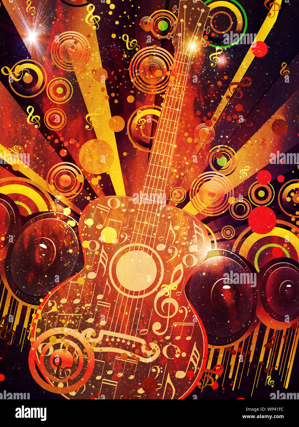 Decorative grunge funky music poster with guitar and sound speakers ...