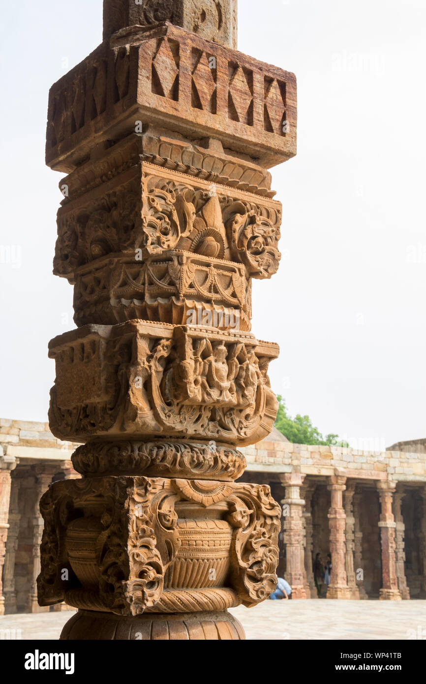 Carvings on a column at qutub complex, Qutub Minar, New Delhi, India ...
