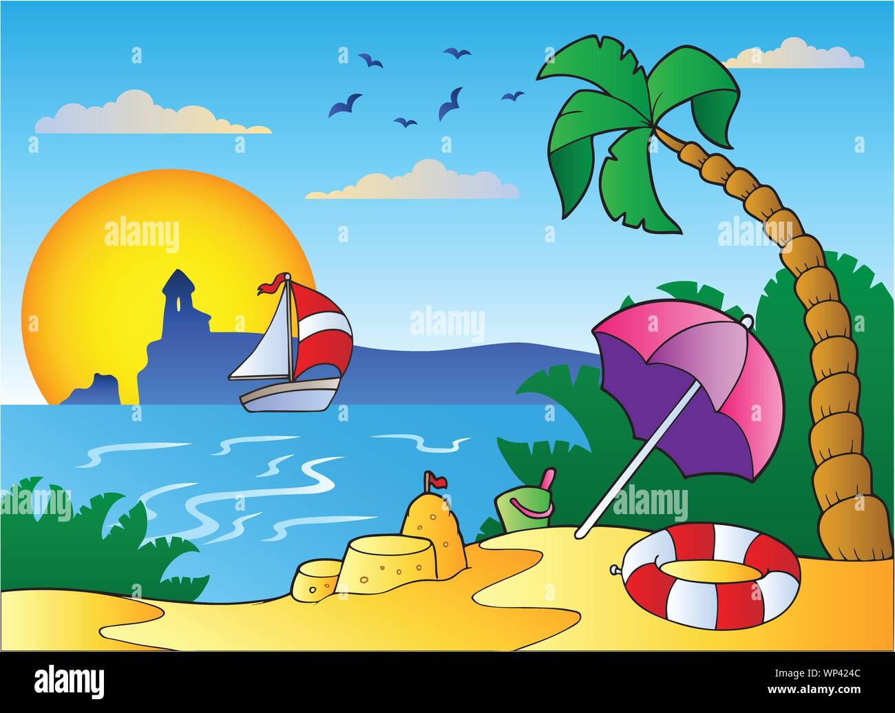 Beach with umbrella and sand castle Stock Vector Image & Art - Alamy