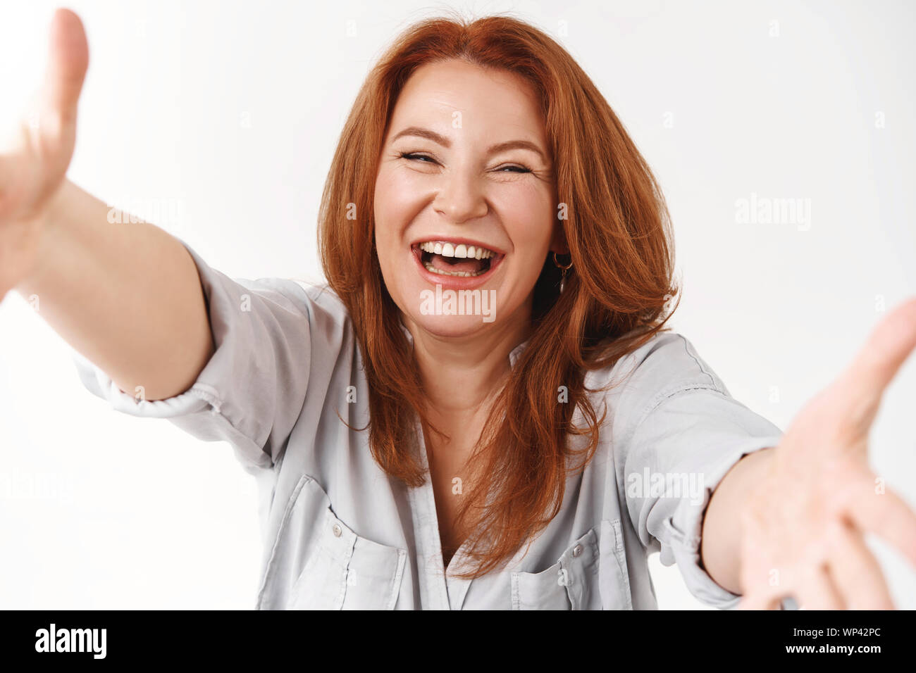 Granny reach kids give warm tender hugs. Cheerful laughing sincere ...