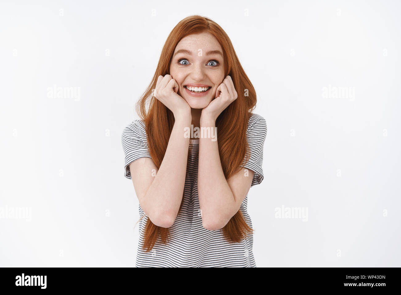 Amused Thrilled Redhead Girl Fan Blue Eyes Look Impressed Excited