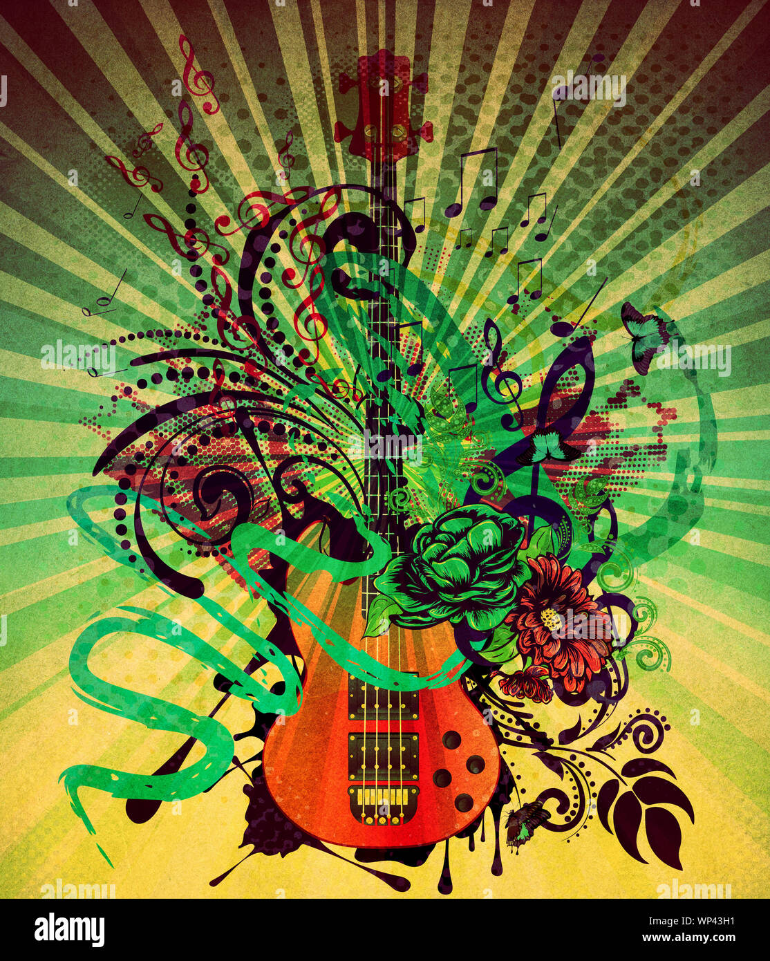 Illustration of abstract grunge retro musical background with guitar ...