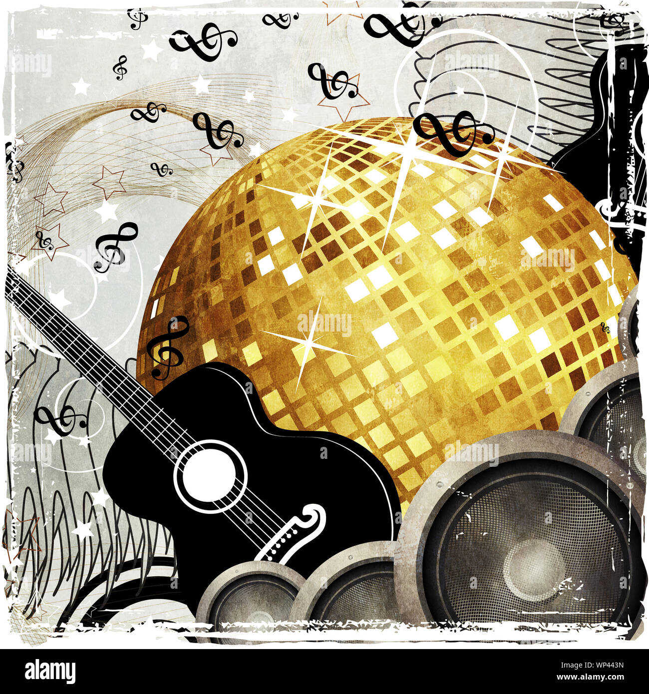 Grunge music background with golden disco ball, speaker and guitar ...