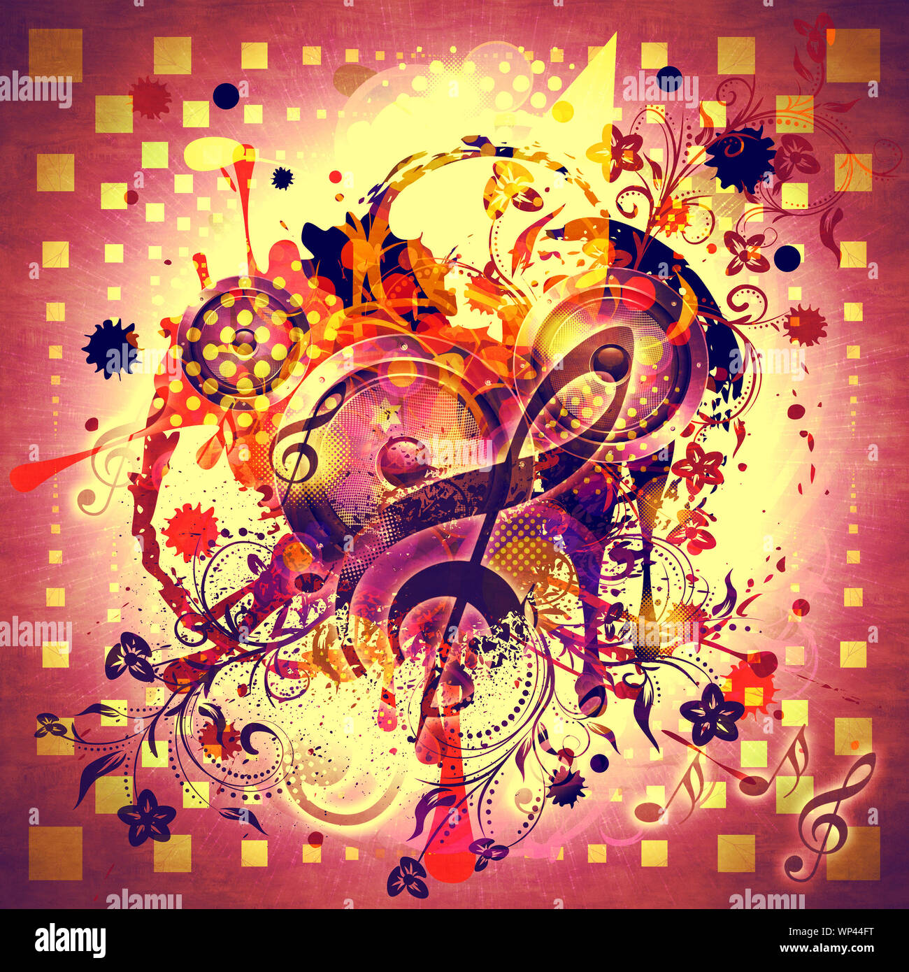 Musical sound loudspeaker grunge paint splatters and texture with ...