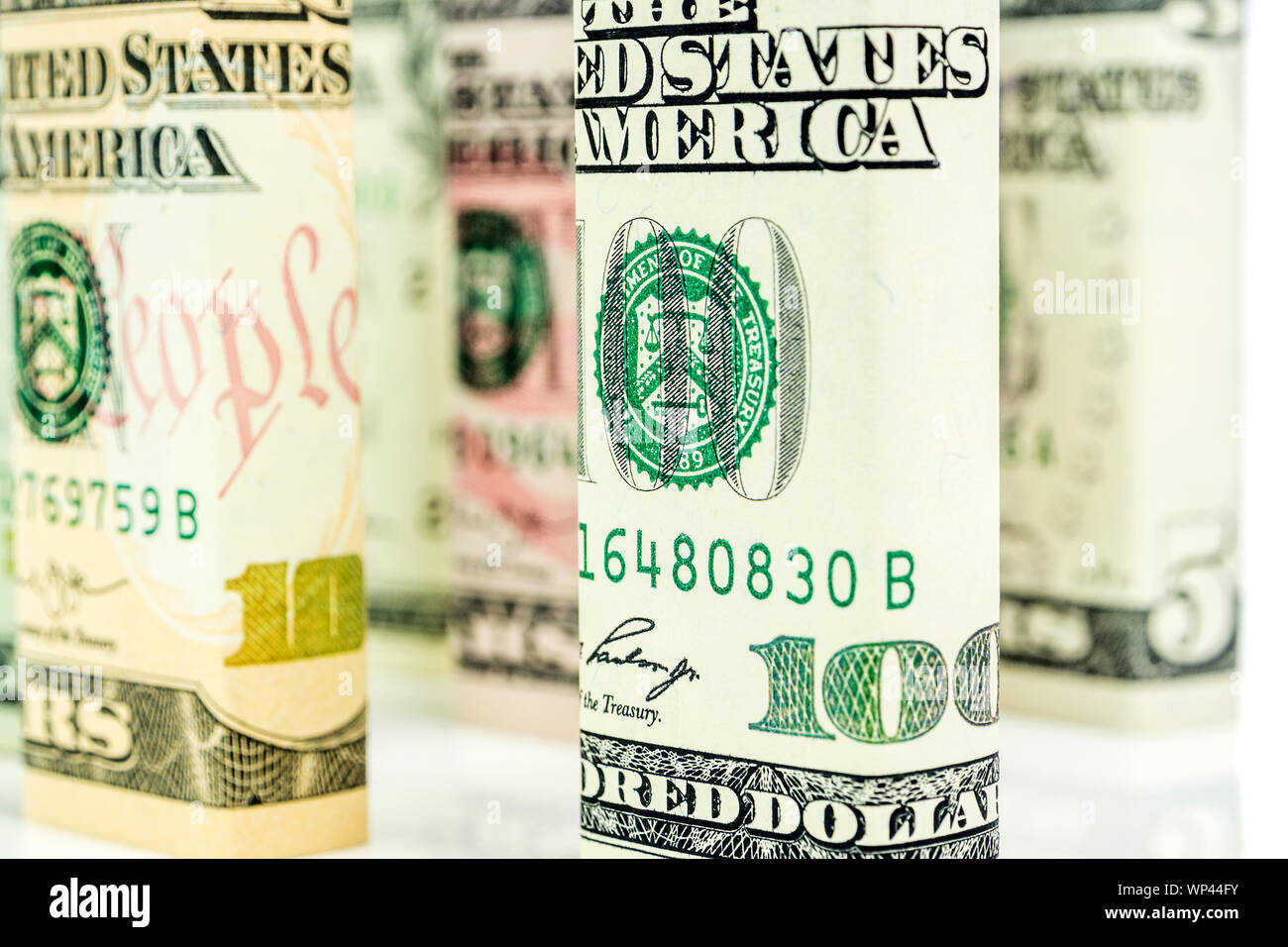 american dollar banknote blocks in all denominations in one row on ...