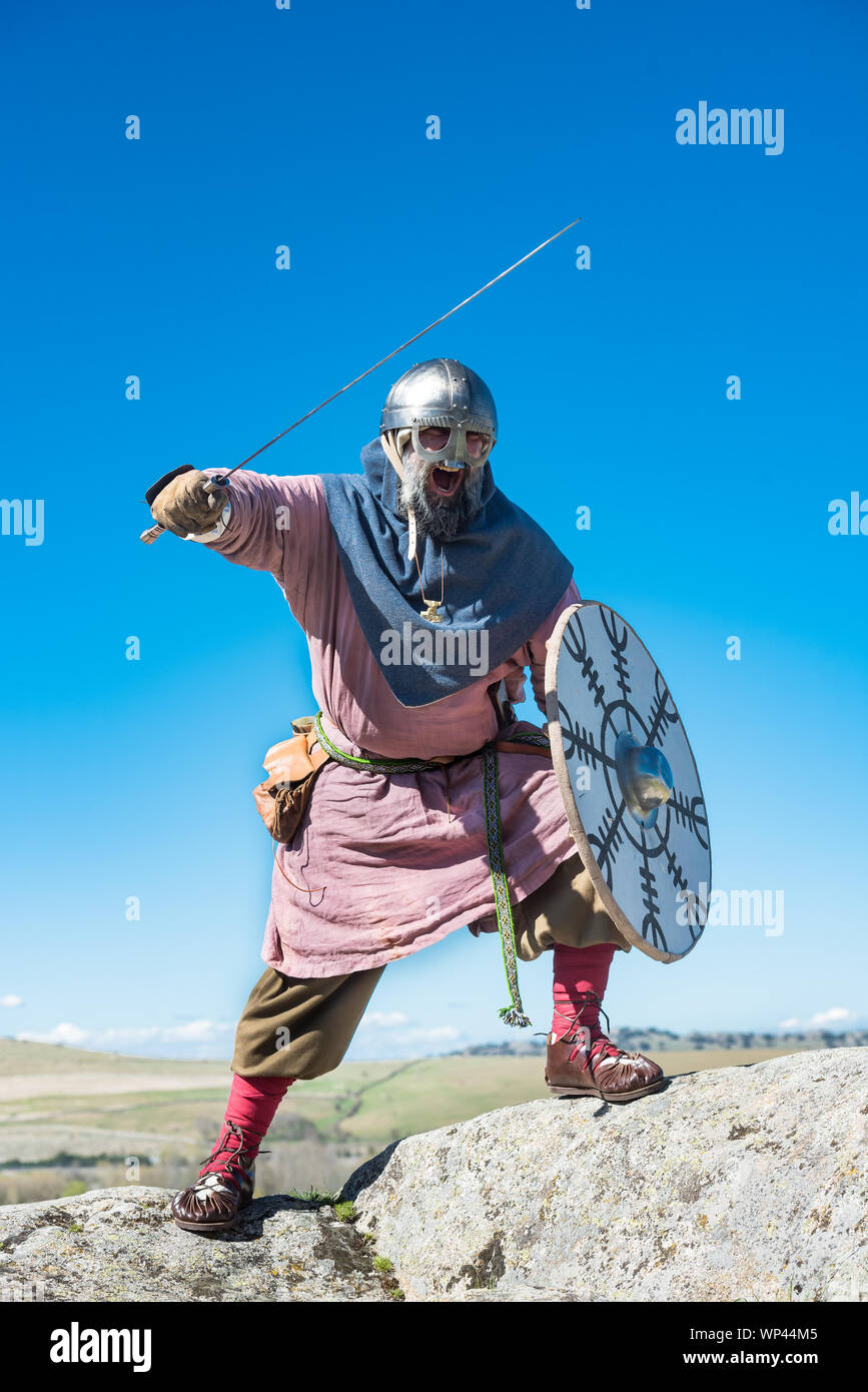 VIKING ON THE ROCKS with armor Stock Photo - Alamy