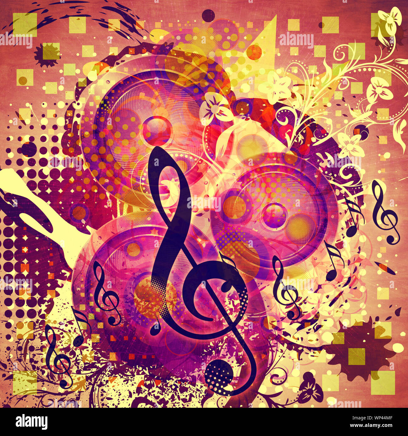 Musical sound loudspeaker grunge paint splatters and texture with ...