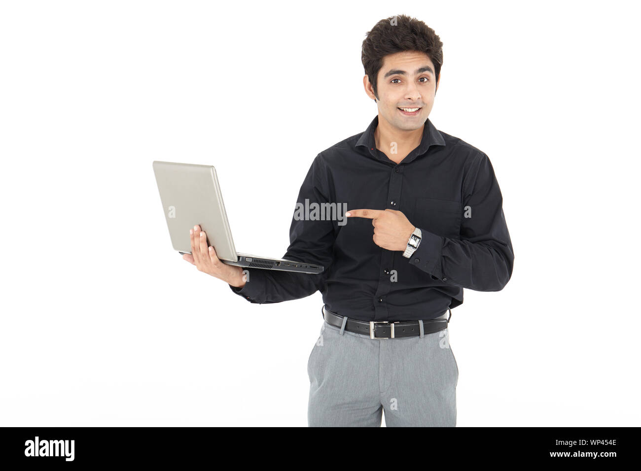 Salesman showing a laptop Stock Photo - Alamy
