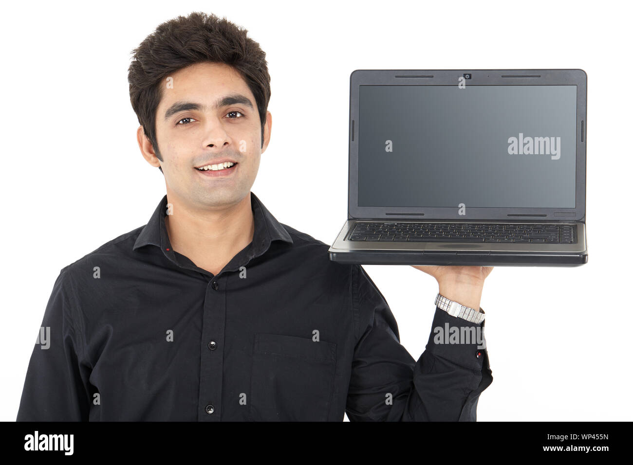 Salesman showing a laptop Stock Photo - Alamy