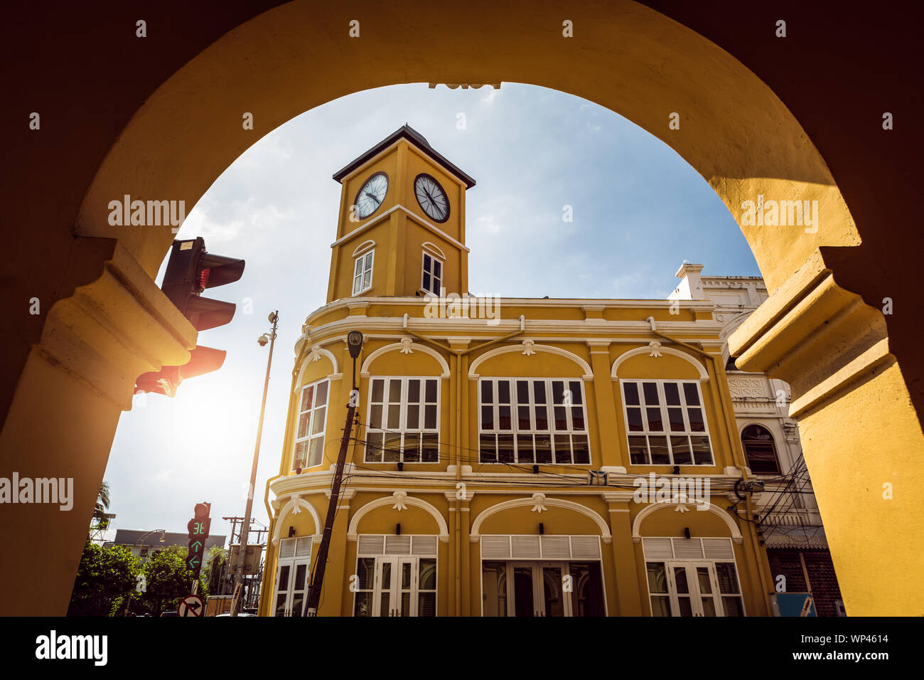 Restored chino-Portuguese clock tower in phuket old town, Thailand ...