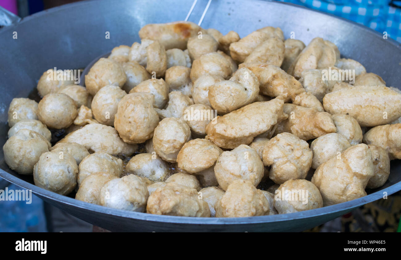 Deep fried fishball ball in the hot pan, street food in Thailand Stock ...