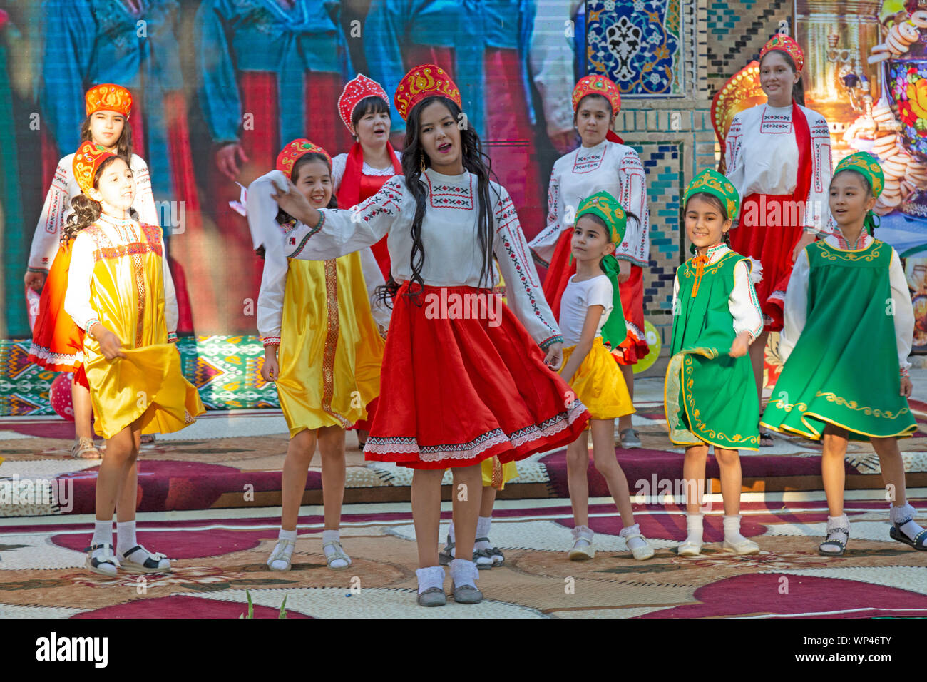 Bukhara, Uzbekistan. Children dressed in traditional Uzbek and Russian ...