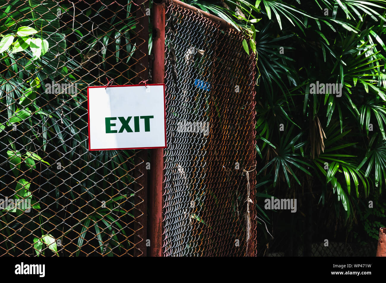 The retro background of metal exit gate and sign symbol in the garden ...