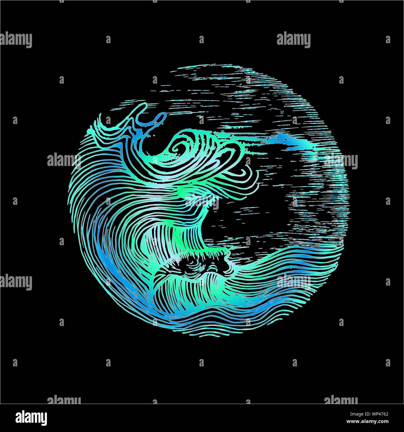 Color illustration of sea waves and sky in hatching style. Tattoo idea ...