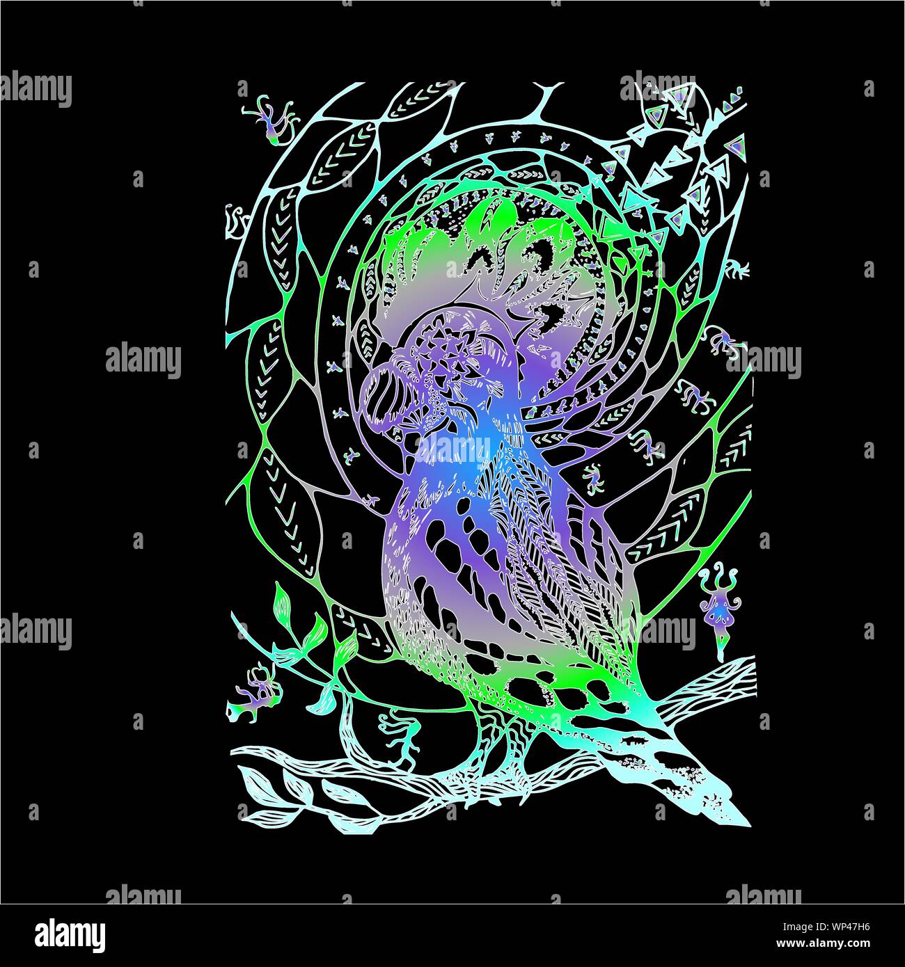 Color illustration with abstract pattern, psychedelic bird and ...