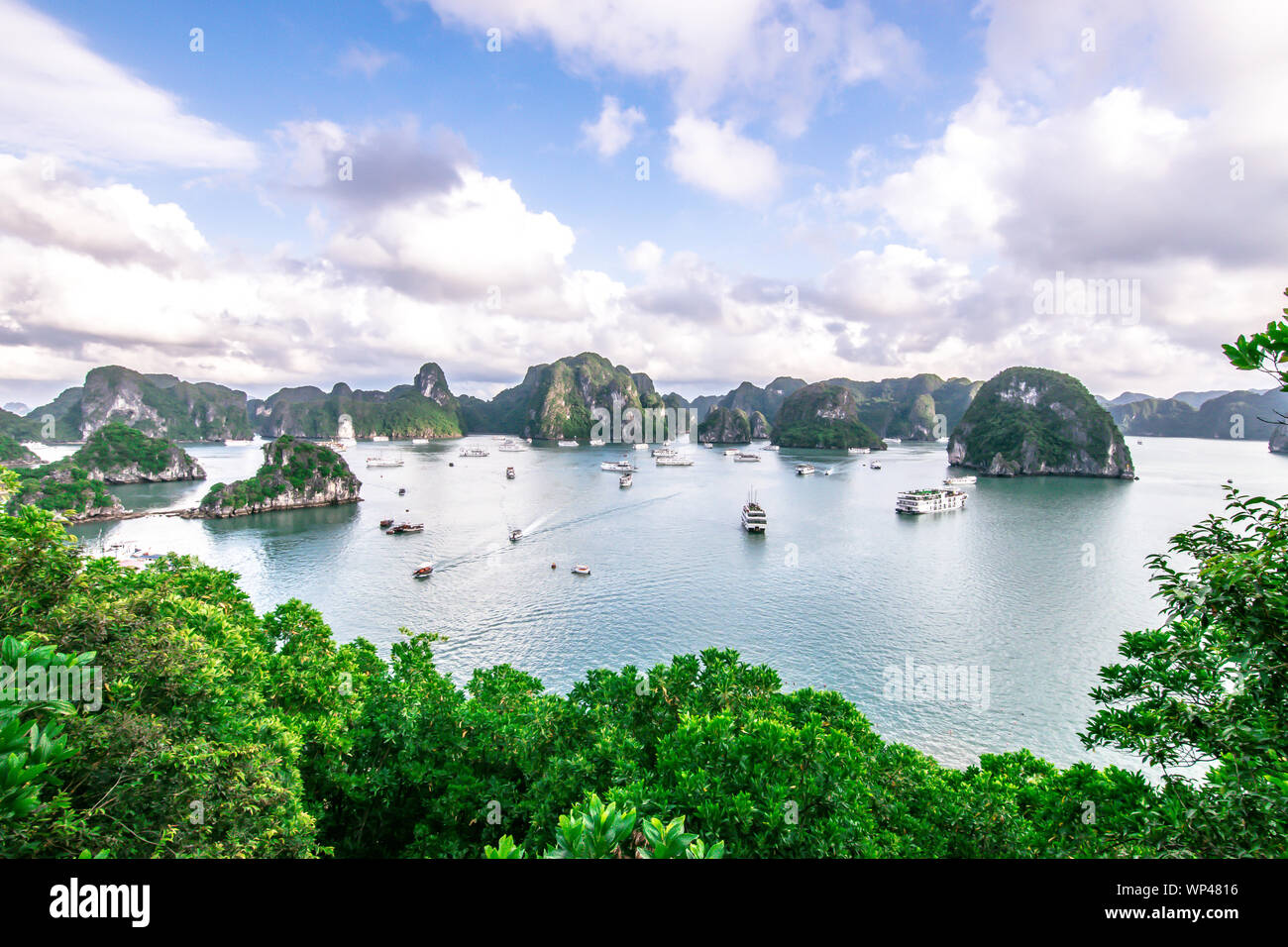 Ha Long Bay, the limestone mountains with blue sky and green trees, is ...