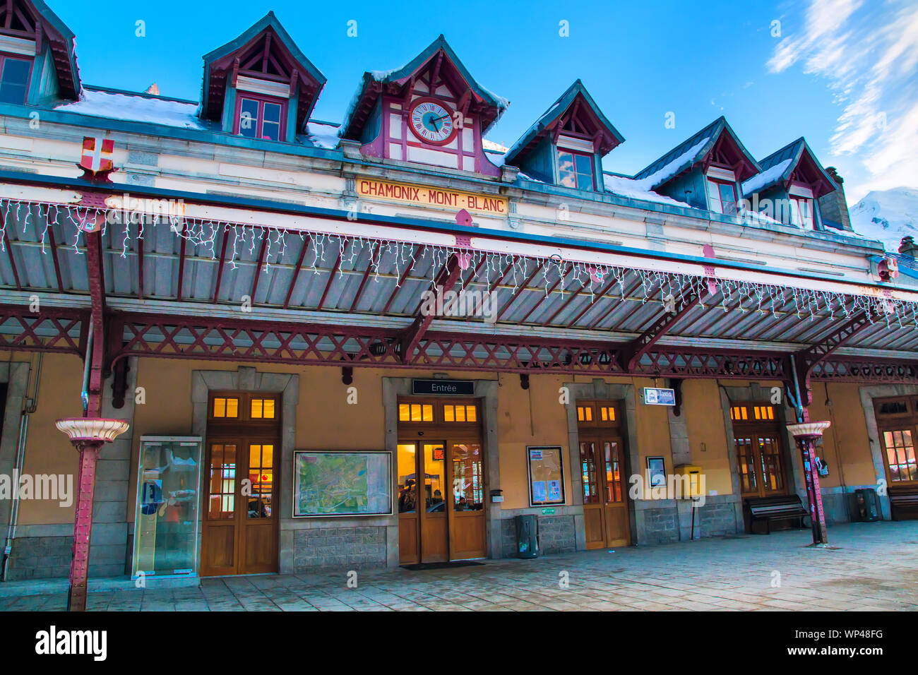 Chamonix, France - January 25, 2015: Facade of Chamonix train station ...