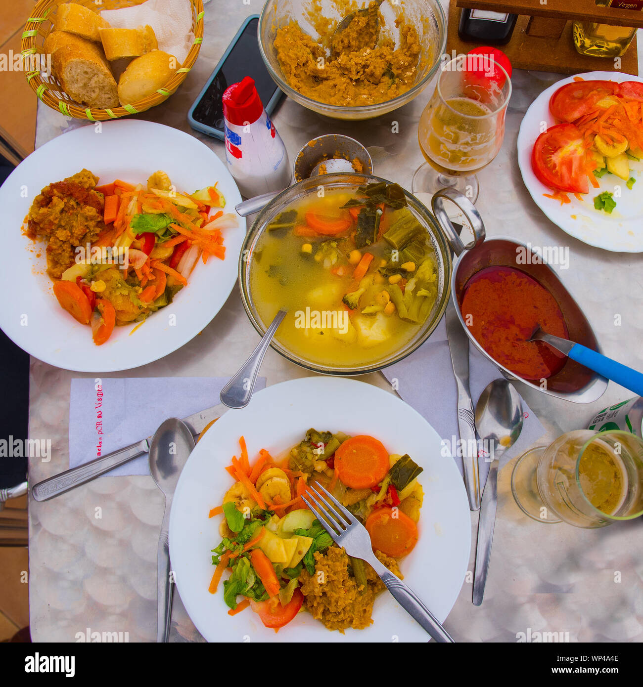 Typical Gomeran food Puchero de verduras (vegetble stew), gofio ...