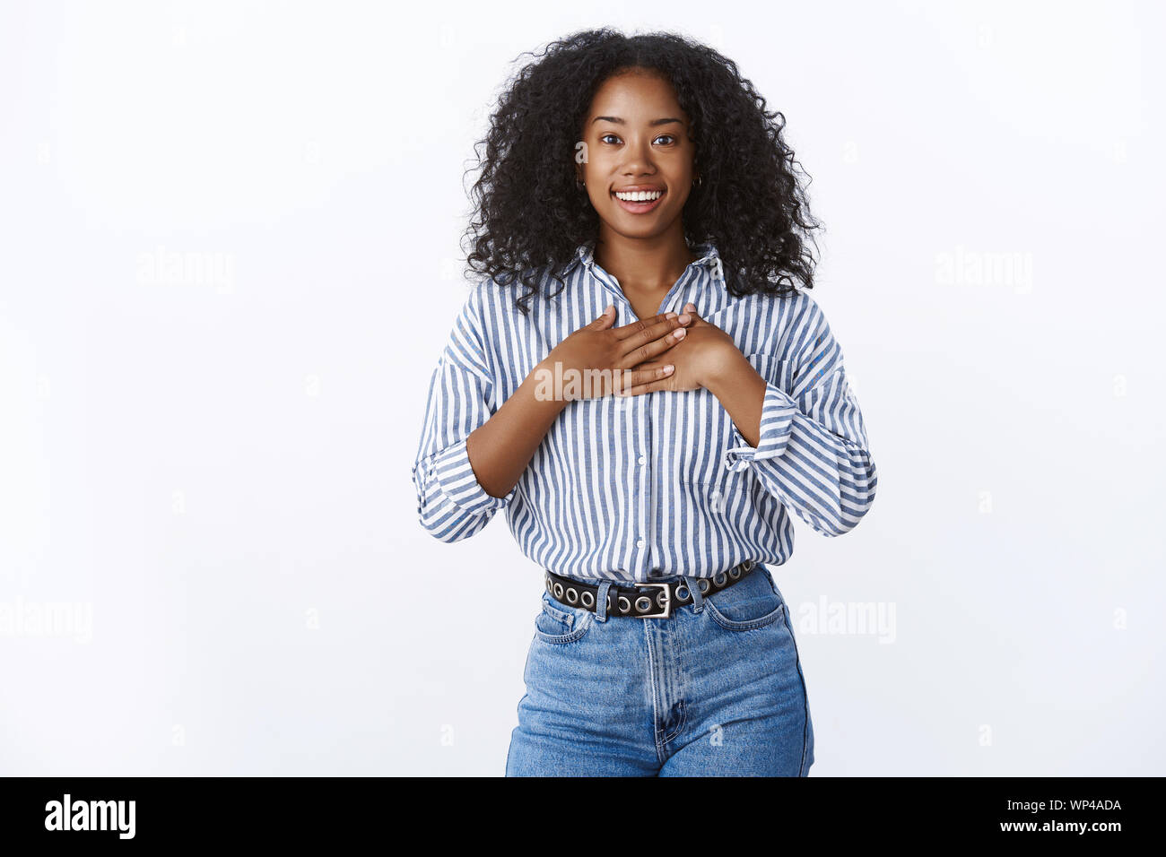 Grateful happy smiling african american girl receiving award thankful ...