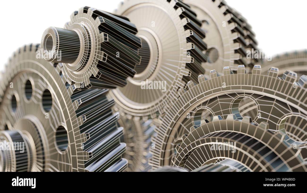Futuristic gear mechanism, on white background. 3D illustration Stock ...