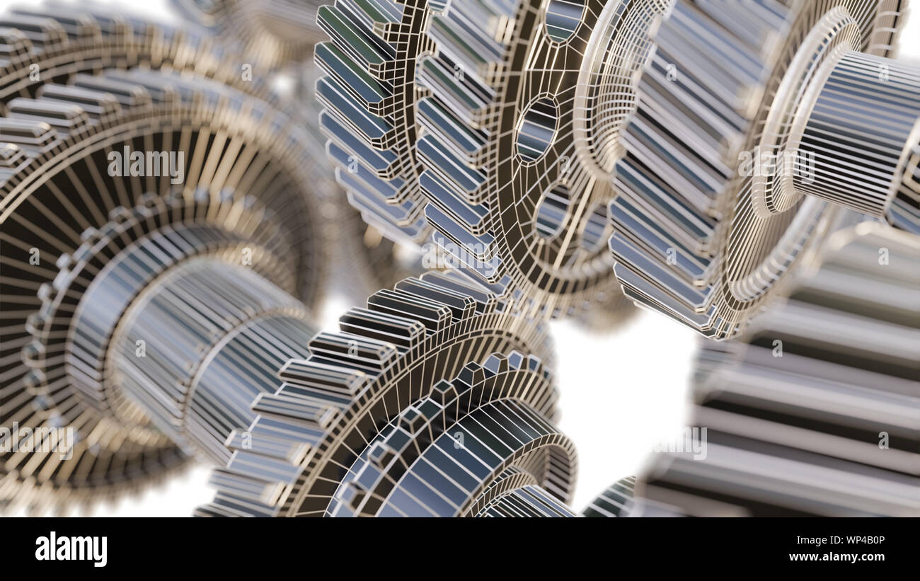 Futuristic gear mechanism, on white background. 3D illustration Stock ...
