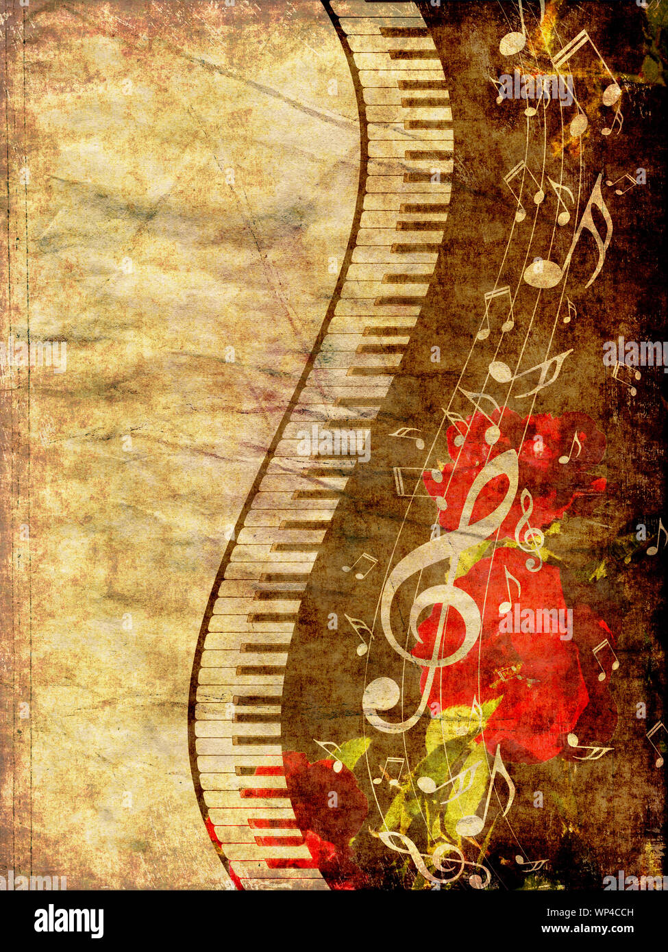 Abstract illustration of a piano keys with musical notes grunge ...