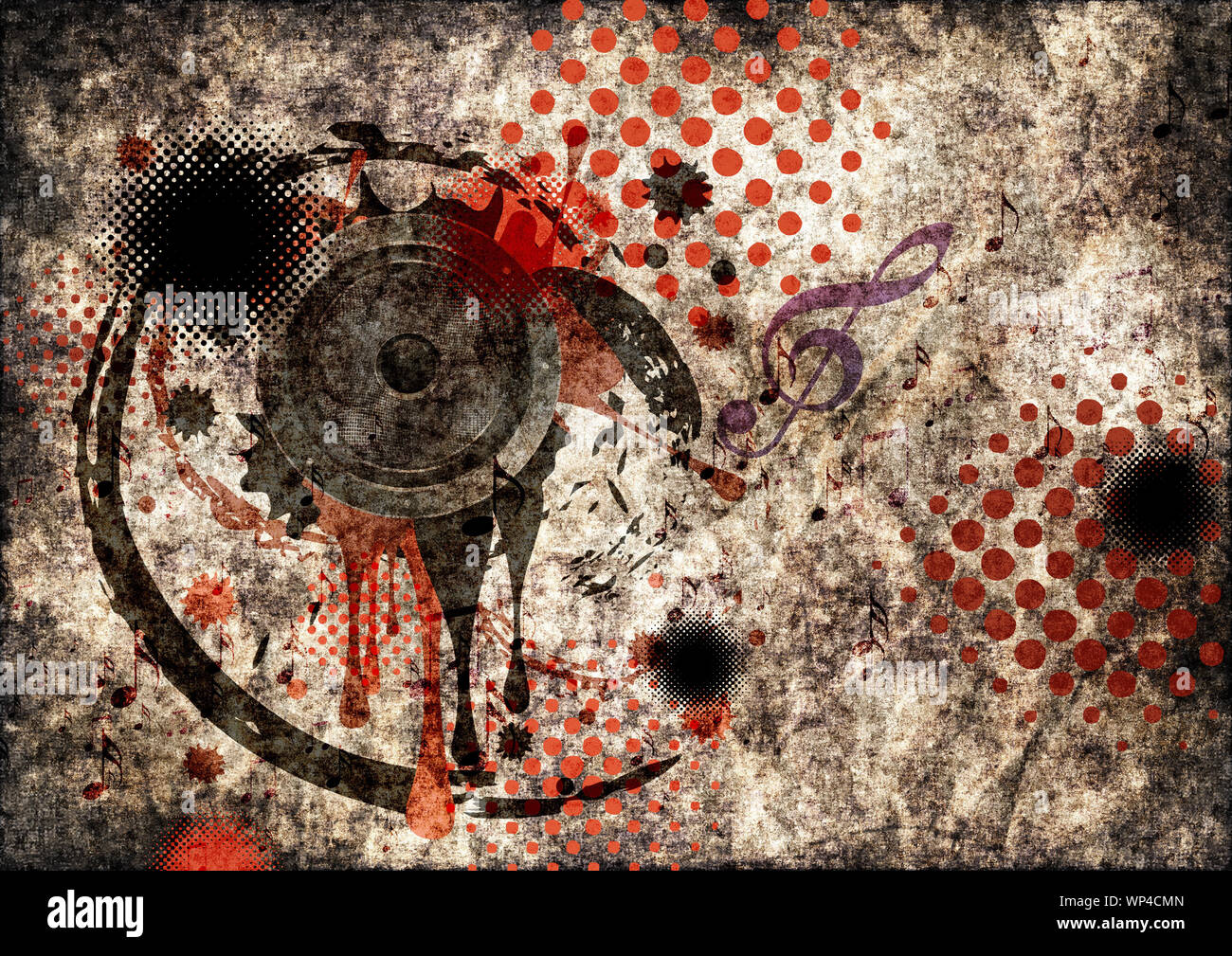 Musical sound loudspeaker grunge paint splatters and texture with ...