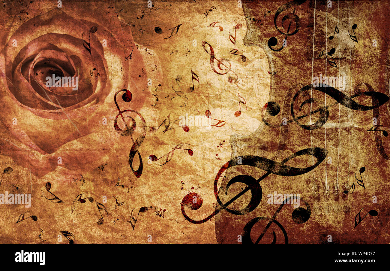 Vintage grunge background with rose and music notes Stock Photo - Alamy