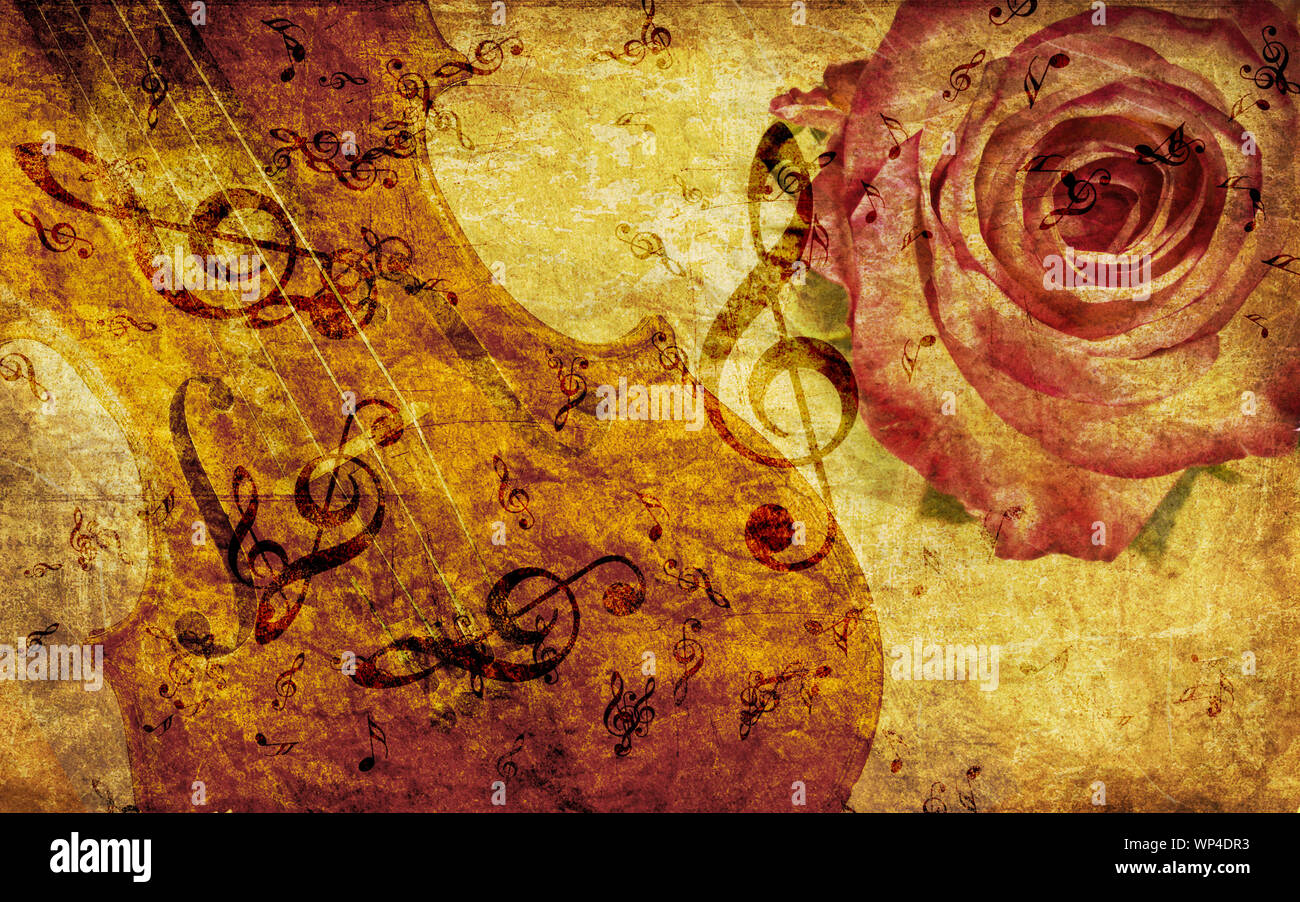 Vintage grunge background with rose and music notes Stock Photo - Alamy