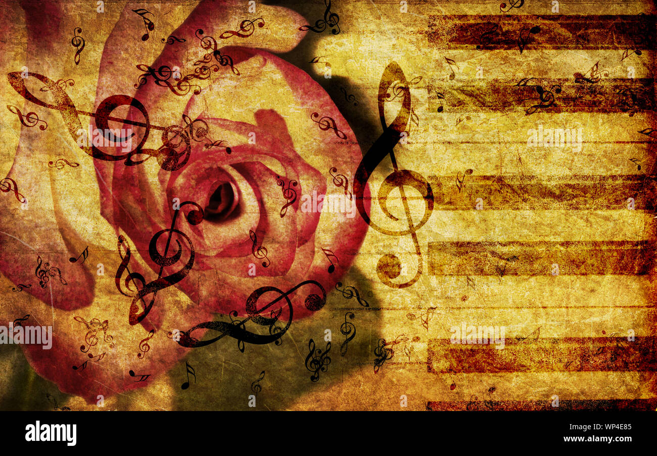 Vintage grunge background with rose and music notes Stock Photo - Alamy