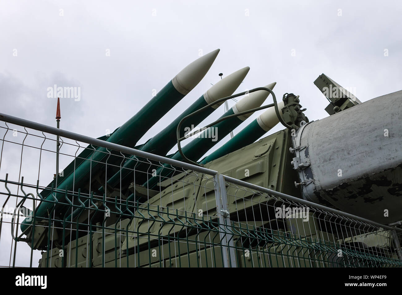 Missile launch rocket launcher behind fencing at a military base for ...