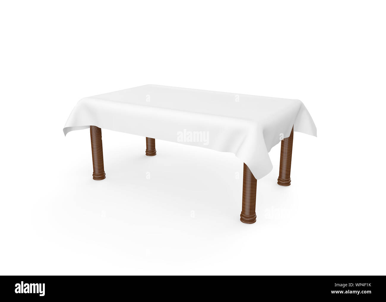 A rectangular wooden table with a white tablecloth. There is room for ...